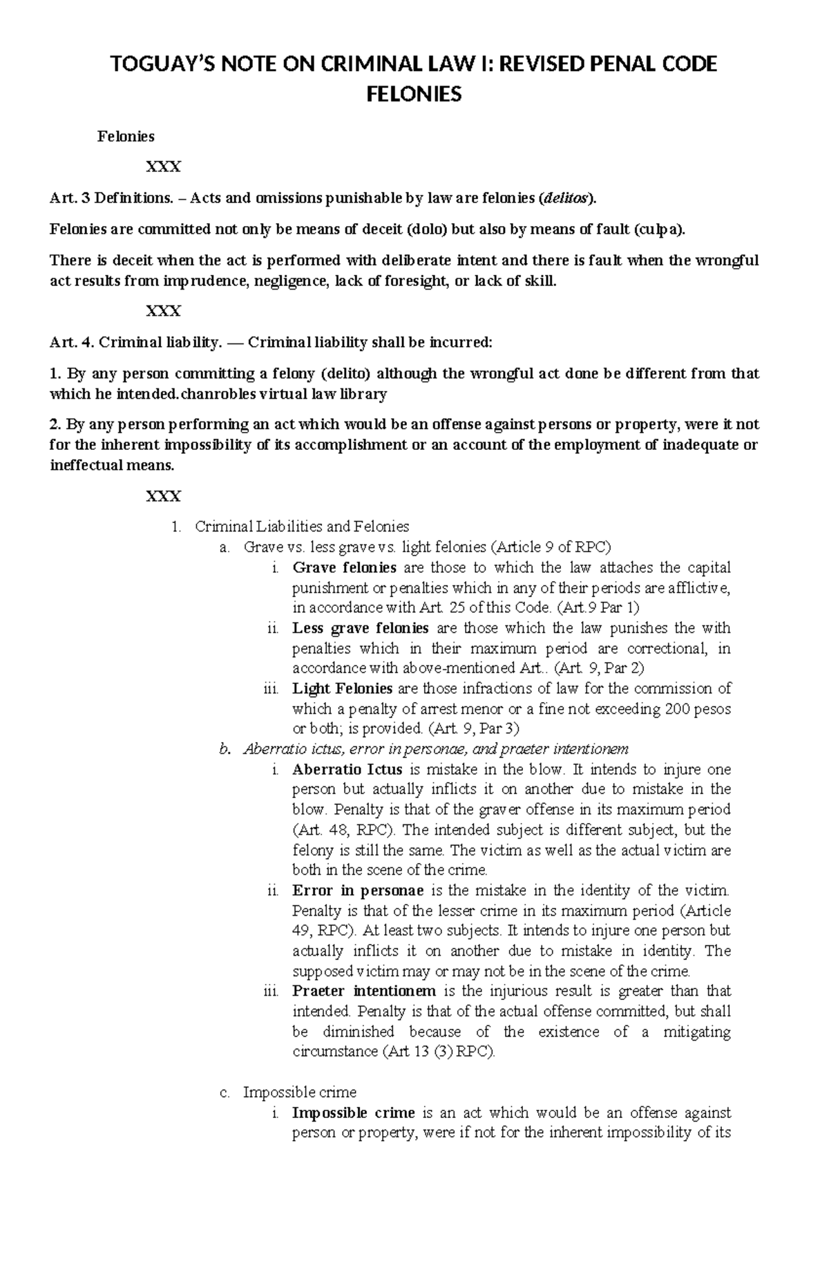 Criminal Law I: Revised Penal Code Felonies Overview - Studocu