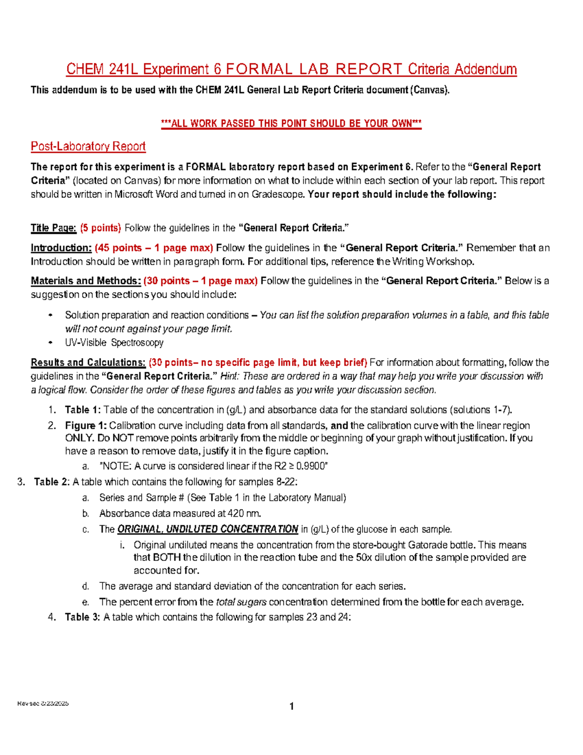 CHEM 241L Experiment 6 Formal Lab Report Criteria Addendum - Studocu