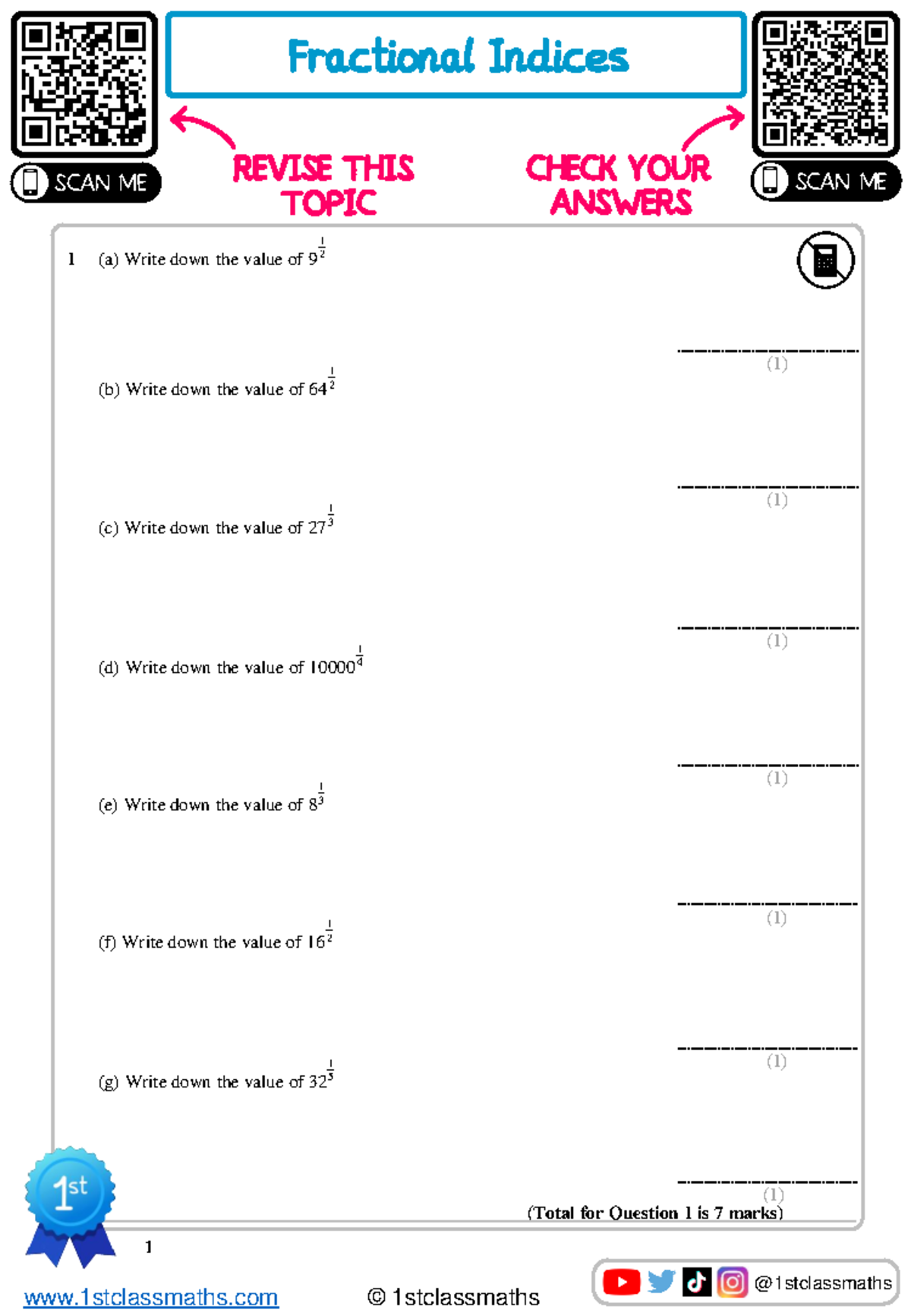 Fractional Indices - Questions - 1 (a) Write down the value of 9 (Total ...