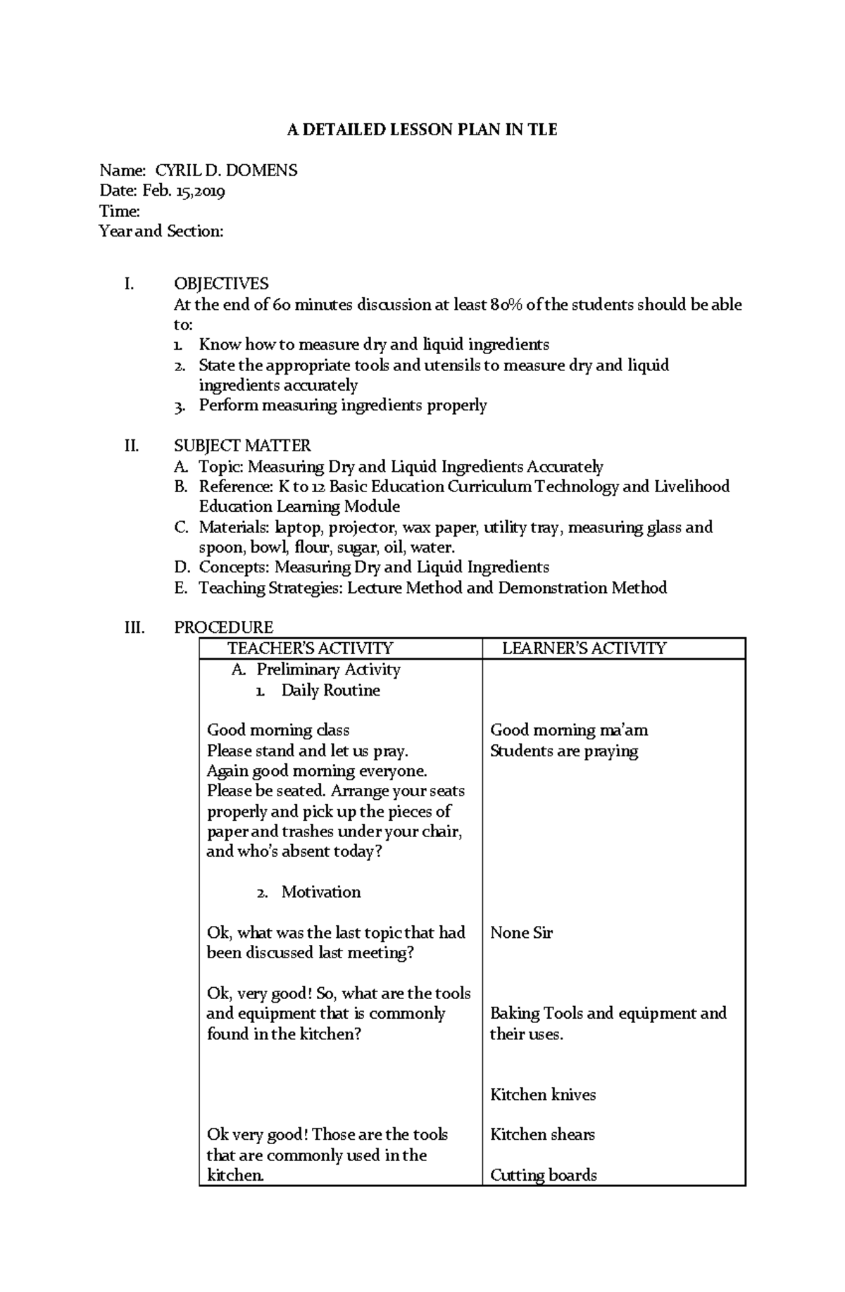TLE 101 - Lesson Plan on Measuring Dry and Liquid Ingredients - Studocu