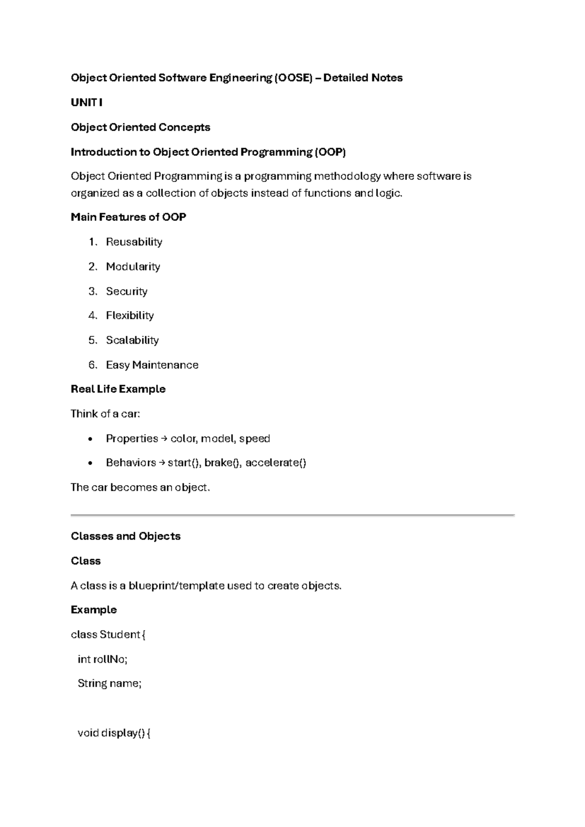 Object Oriented Software Engineering (OOSE) Unit I: OOP Concepts ...