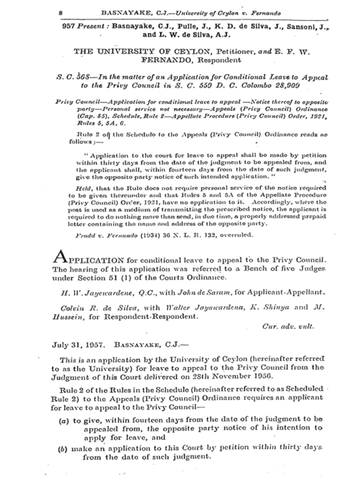 University of Ceylon v. Fernando: Application for Conditional Leave to ...