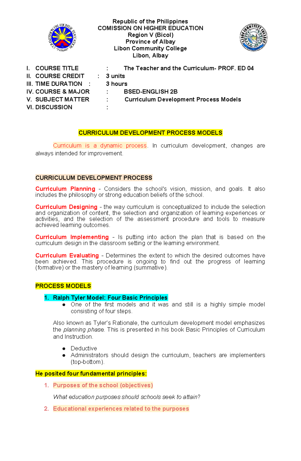 Curriculum Development Process Models- PROF - COMISSION ON HIGHER EDUCATION Region V (Bicol ...