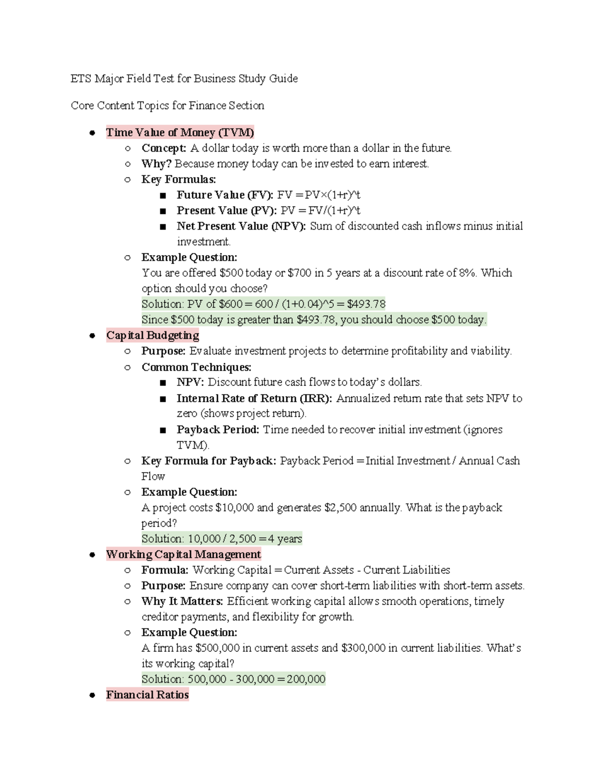 ETS Business Capstone Study Guide: Finance Core Topics & Examples - Studocu