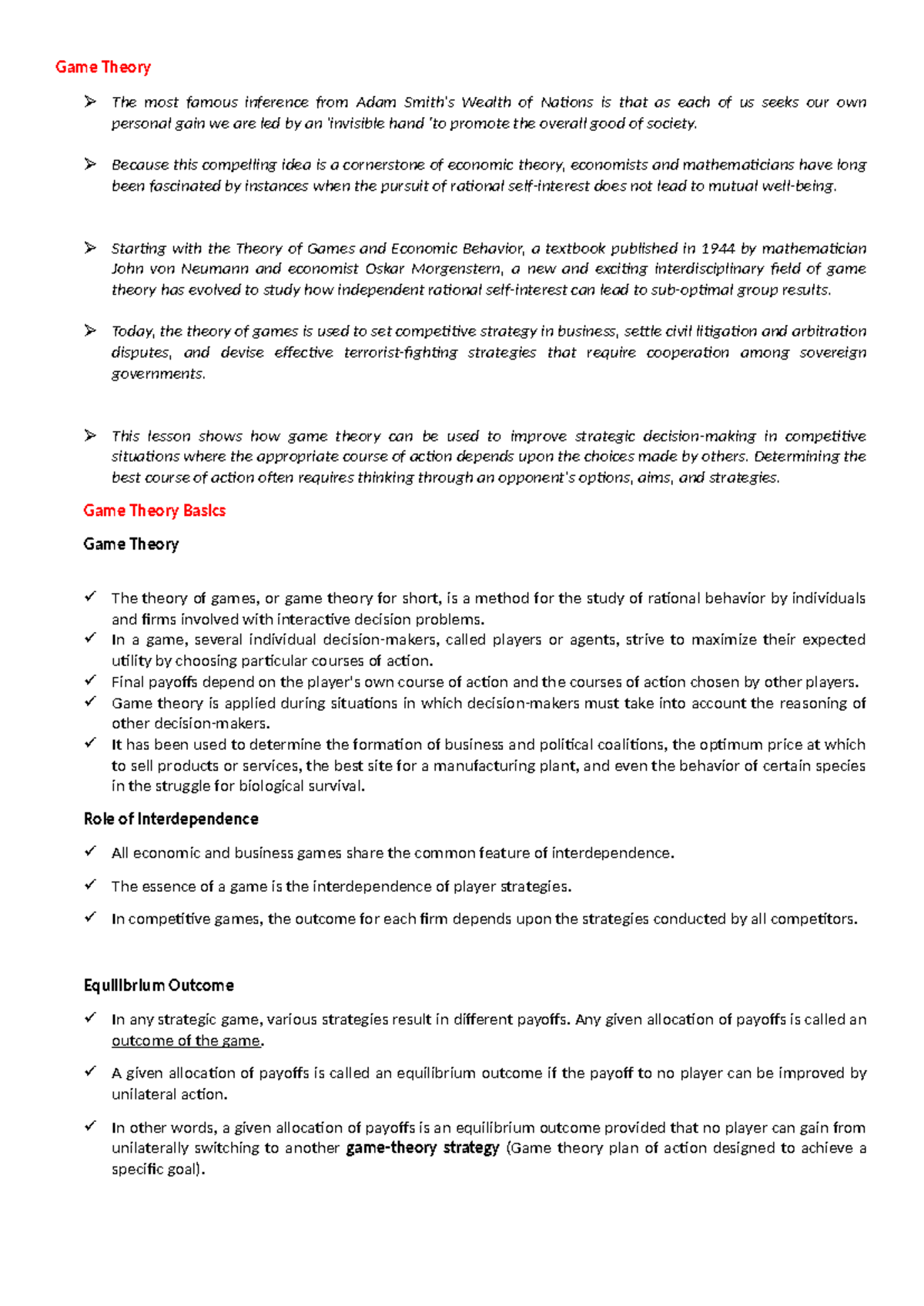 5 Game Theory Handouts - All of this is useful - Game Theory The most ...