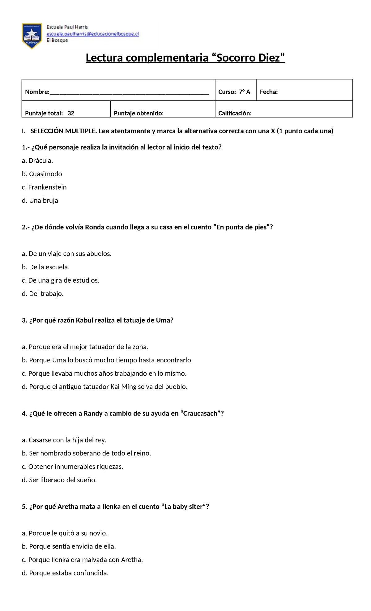 Prueba de Lectura Complementaria 7mo Curso: Socorro Diez - Abril - Studocu