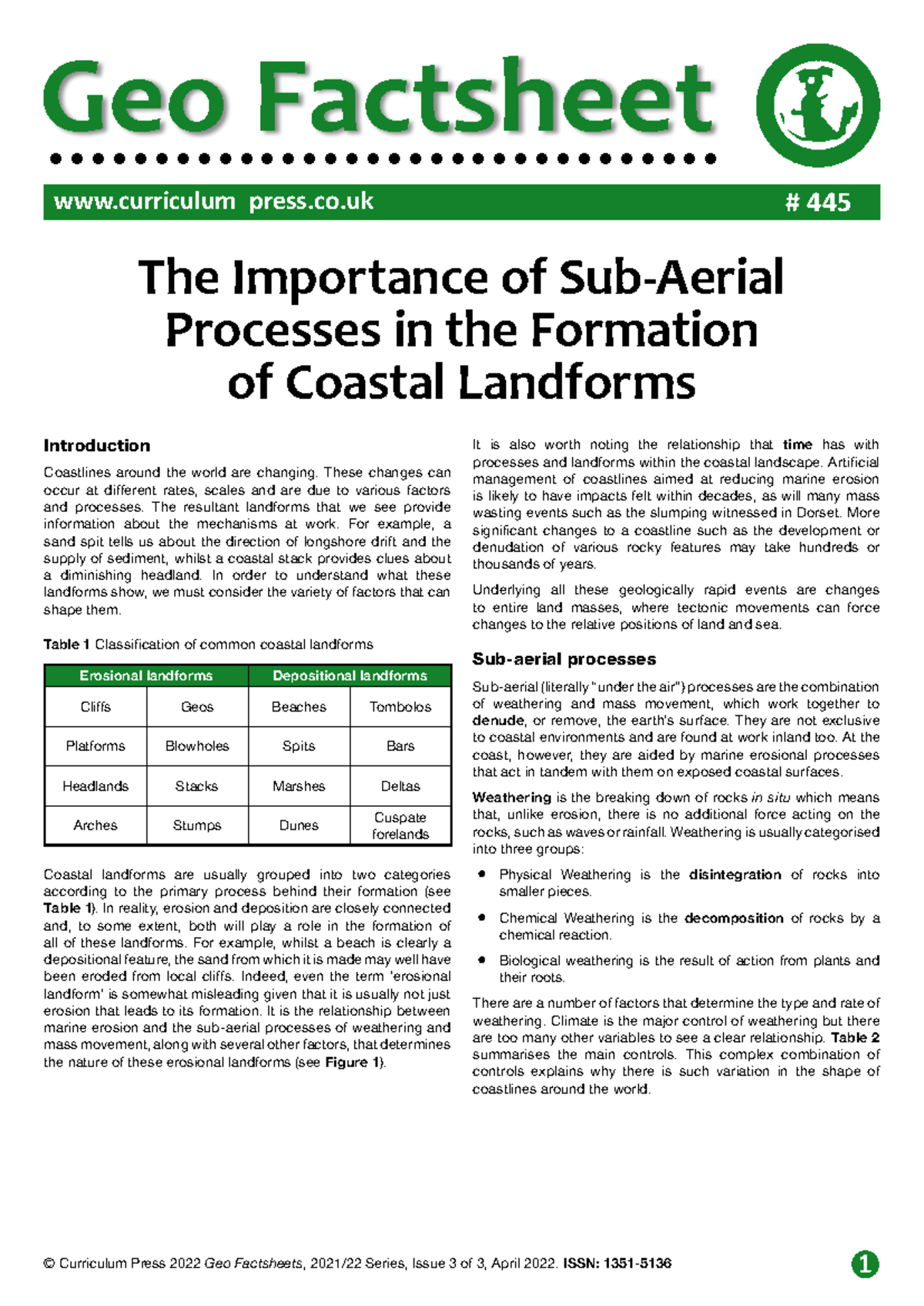 Geo Factsheet 445: Understanding Coastal Landform Formation Processes ...