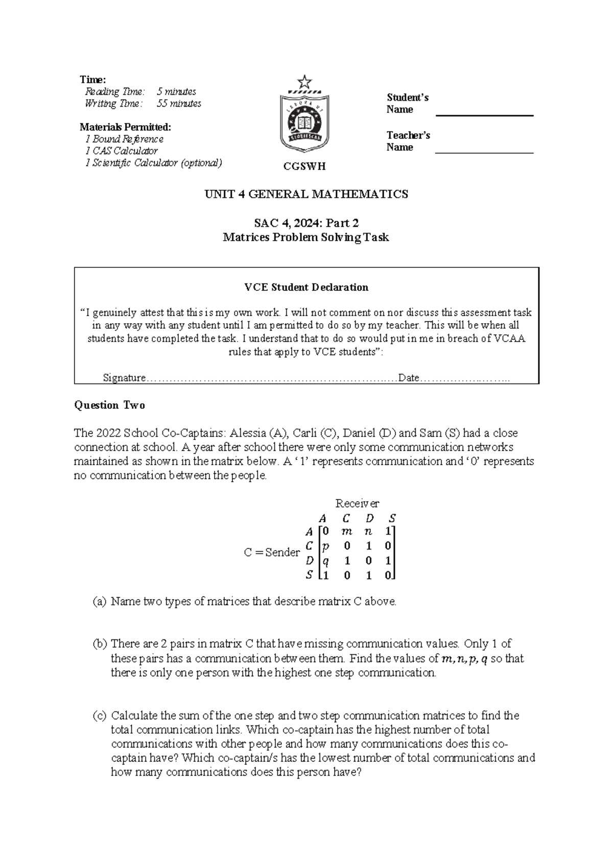 SAC 4 General Mathematics 2024: Part 2 Matrices Problem Solving Task - Studocu