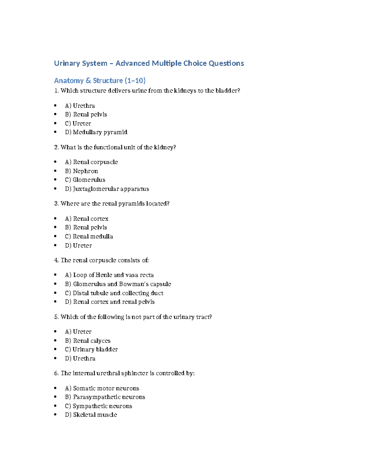 Urinary System Quiz - ZOOL 101 Exam Prep Questions - Studocu
