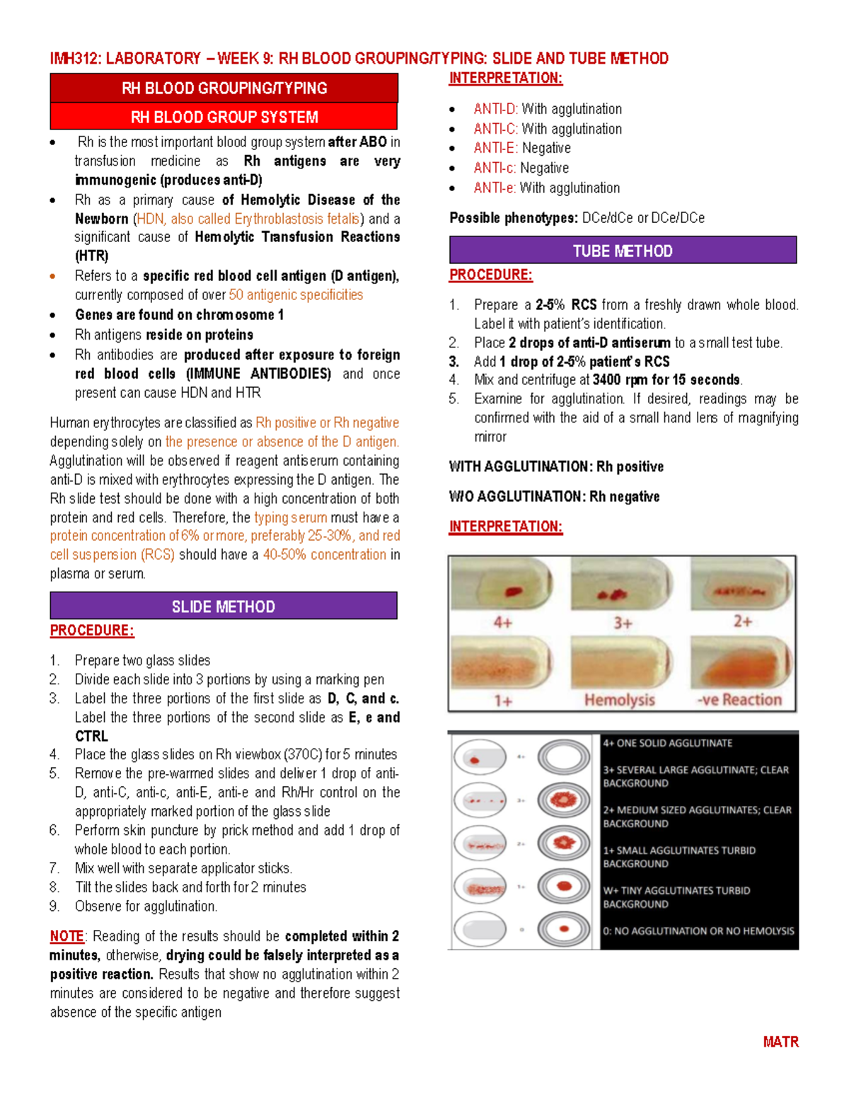 IMH312: LAB WEEK 9 - RH BLOOD SLIDE & TUBE METHOD - Studocu
