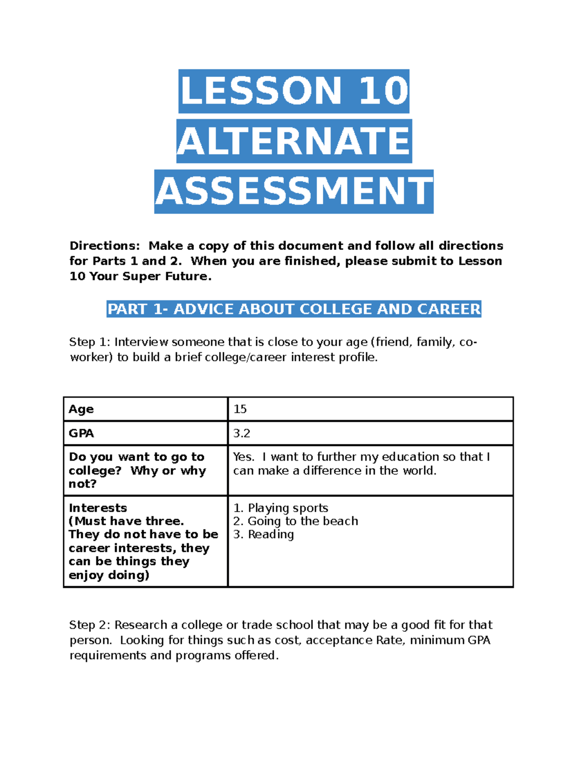 Lesson 10: Alternate Assessment and Career Guidance Activities - Studocu