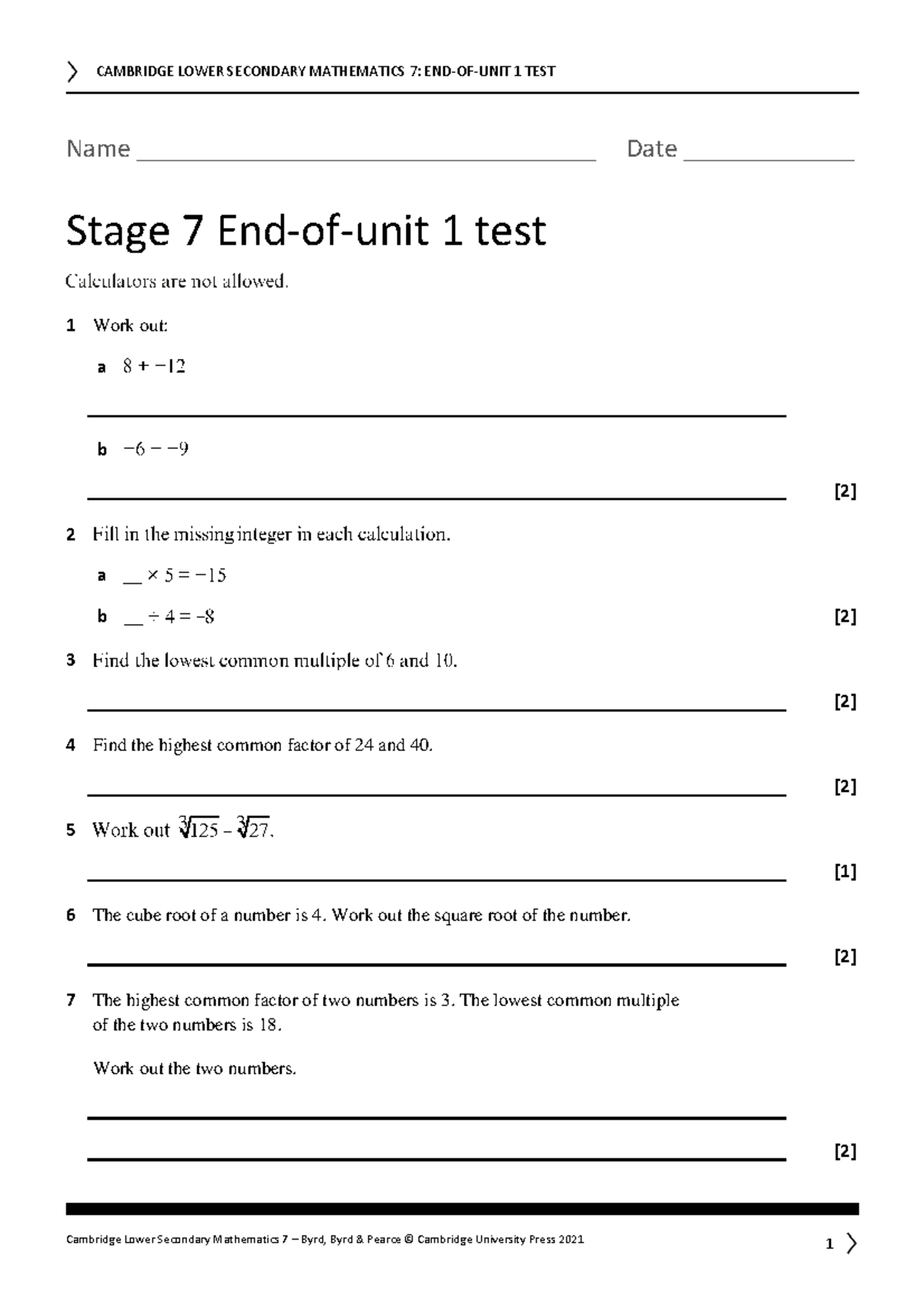 CAMBRIDGE LOWER SECONDARY MATHEMATICS 7: UNIT TEST ANSWERS - Studocu
