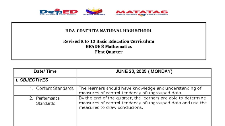 HDA GRADE 8 Math Lesson Plan: Measures of Central Tendency (Mean) - Studocu