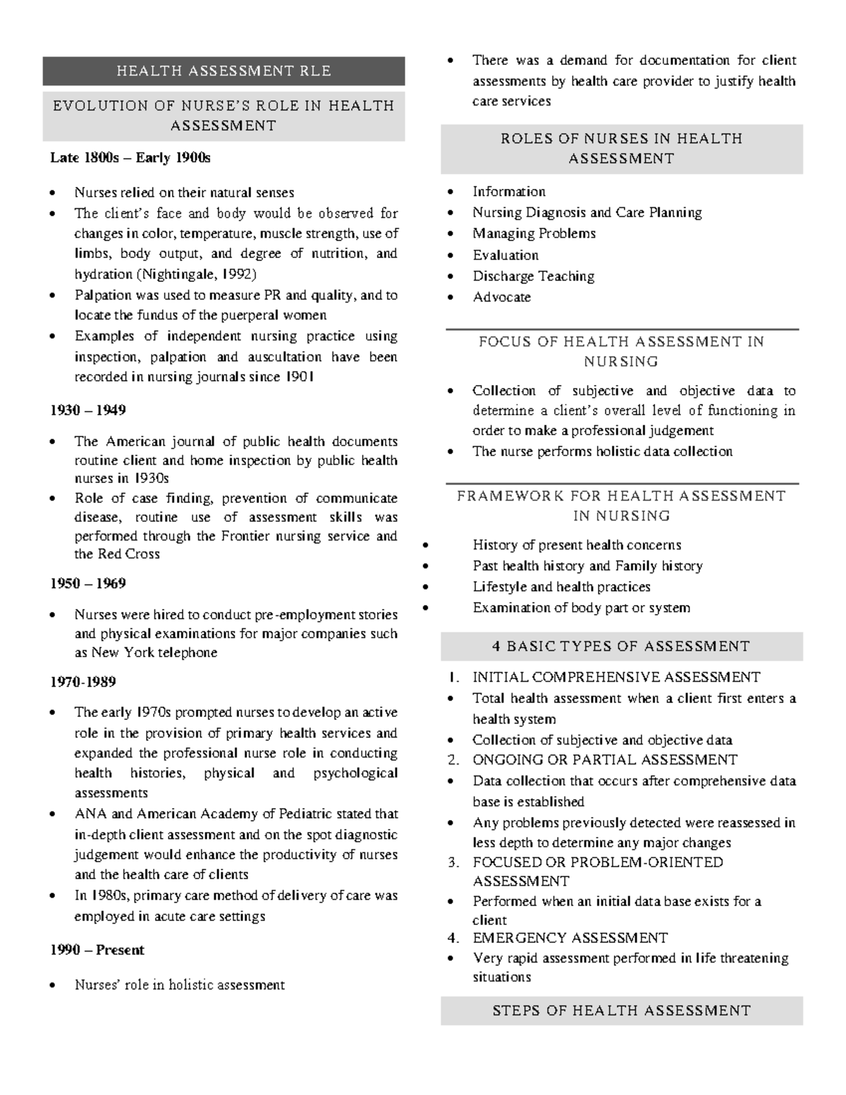 HA-RLE Health Assessment Prelim 1: Roles, Framework, and Steps - Studocu