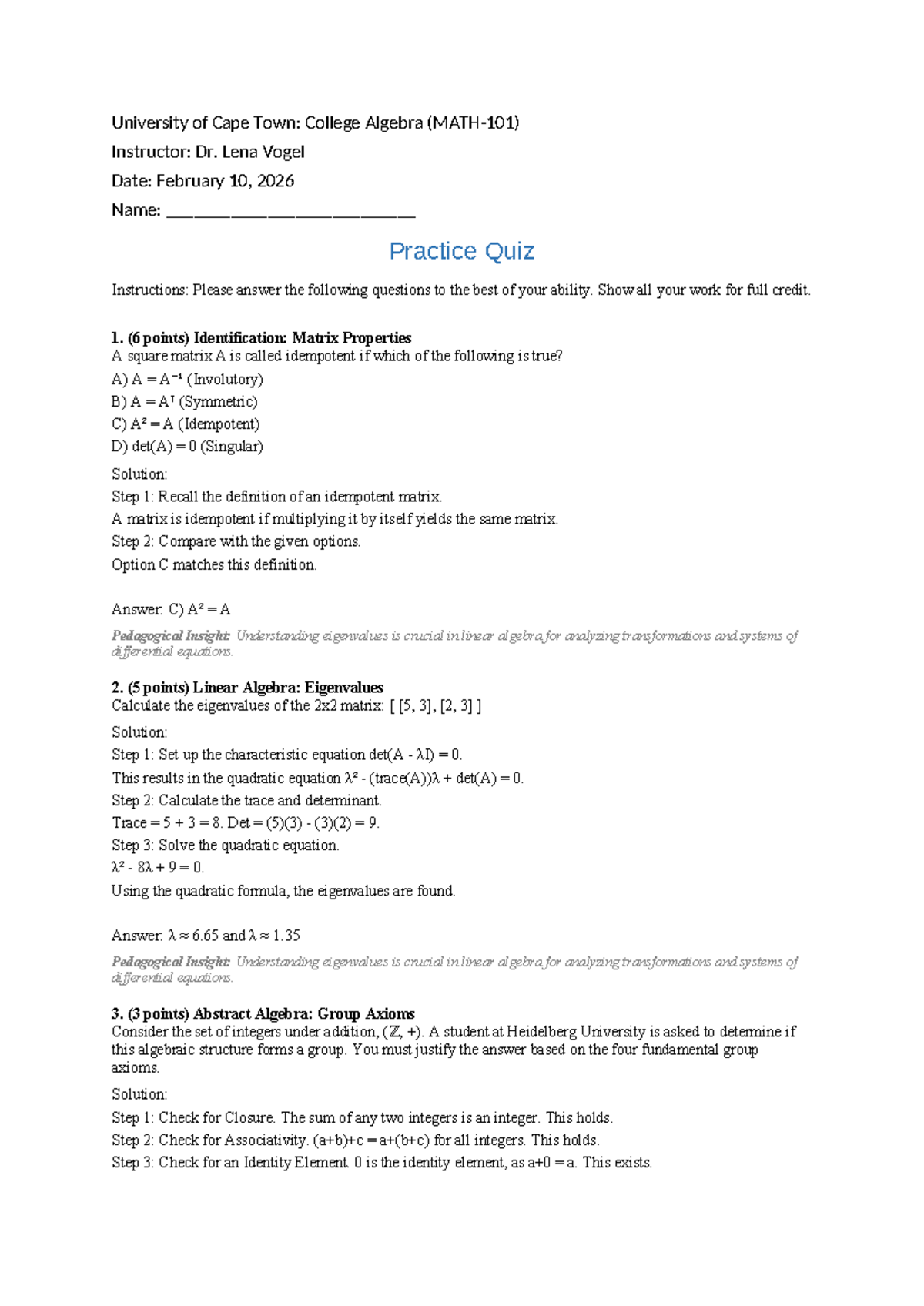 Algebra Practice Quiz 4839: Matrix Properties & Group Axioms - Studocu