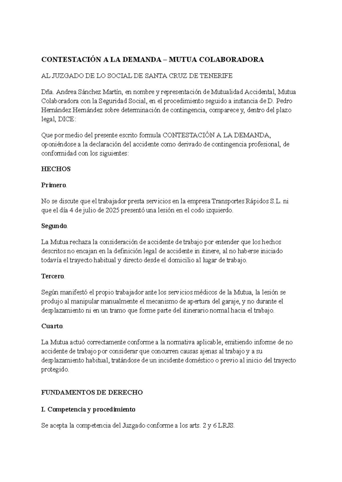 Contestación a la Demanda de la Mutua - Procedimiento Laboral - Studocu
