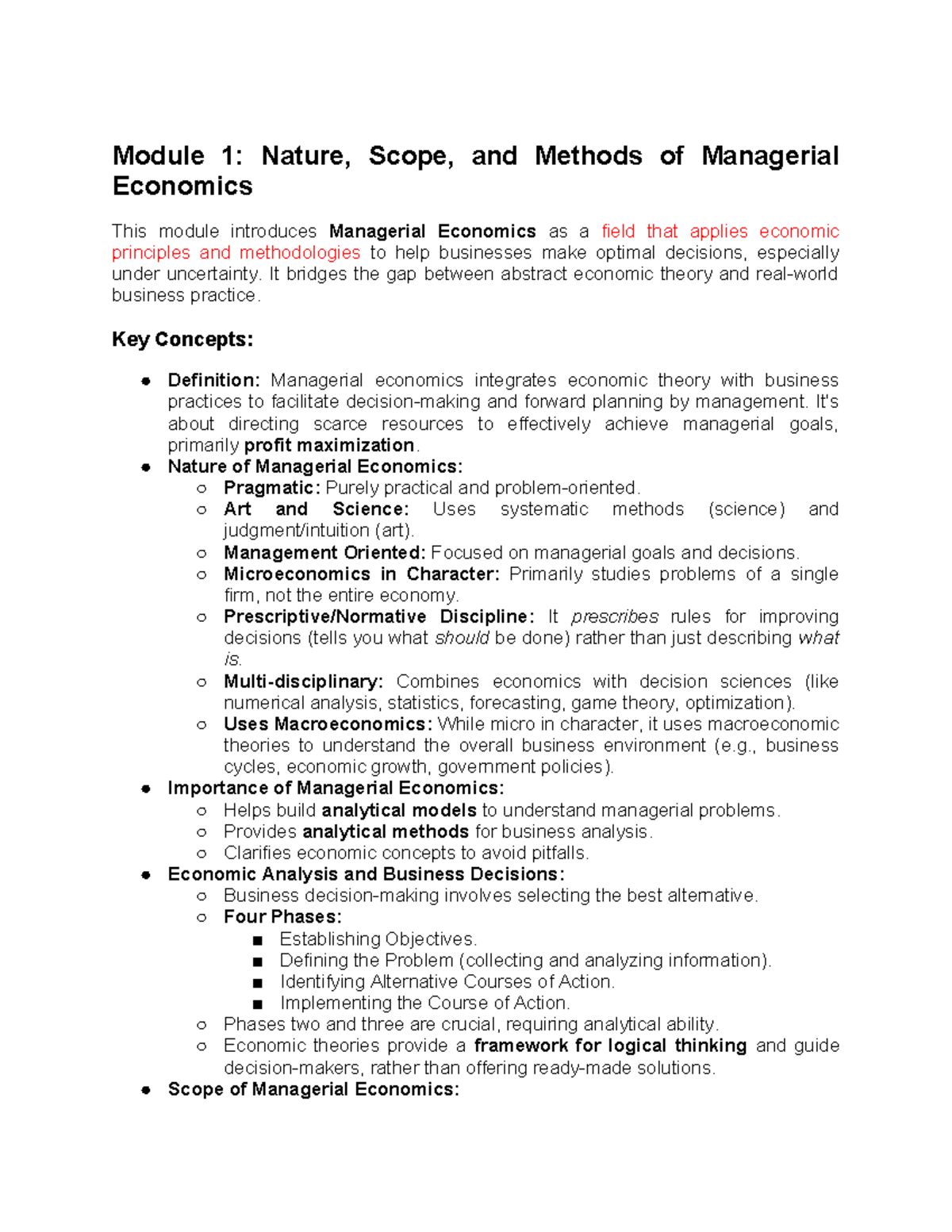 Module 1: Overview of Managerial Economics - Nature, Scope & Methods - Studocu