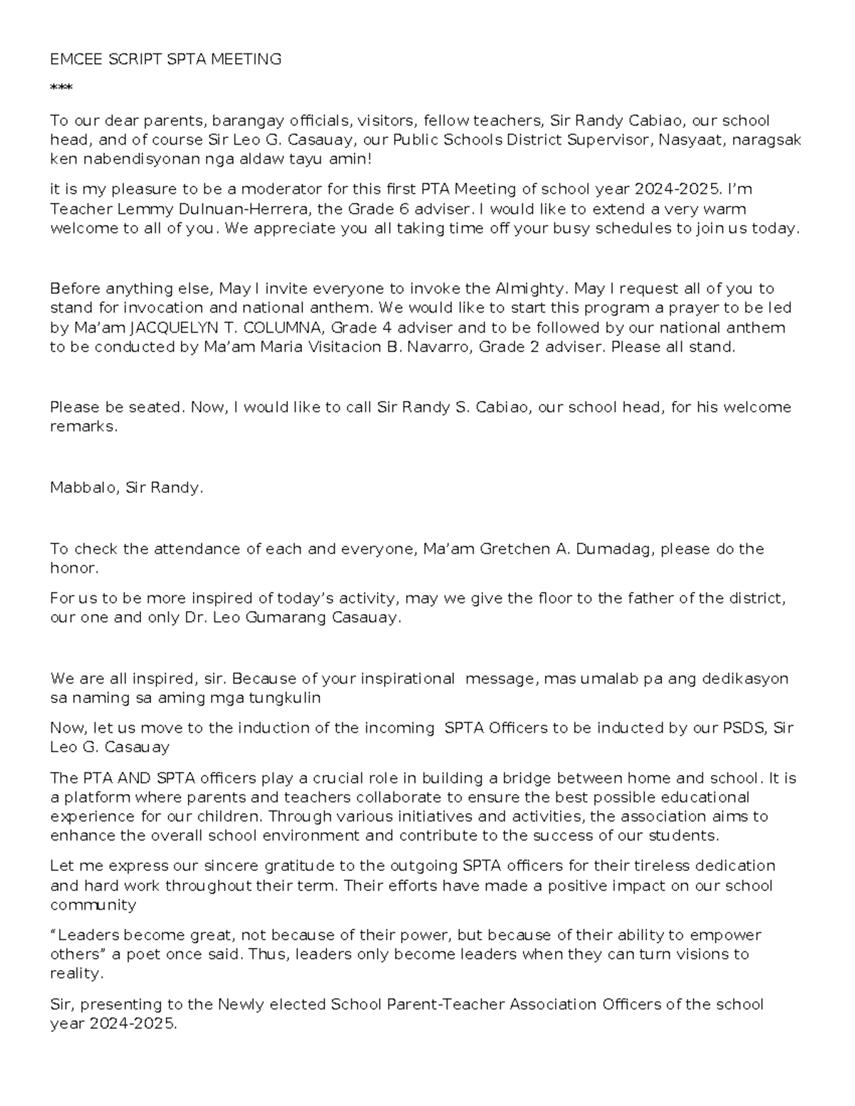 SPTA Meeting Emcee Script for School Year 2024-2025 - Studocu