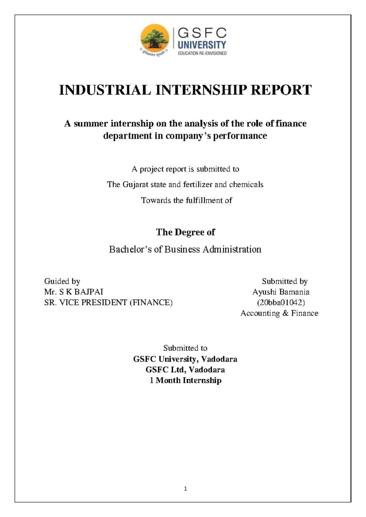BBA Finance Internship Report: GSFC Performance Analysis - Studocu