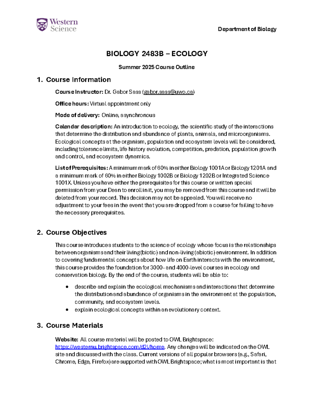 Biology 2483B Ecology Course Outline - Summer 2025 Syllabus - Studocu