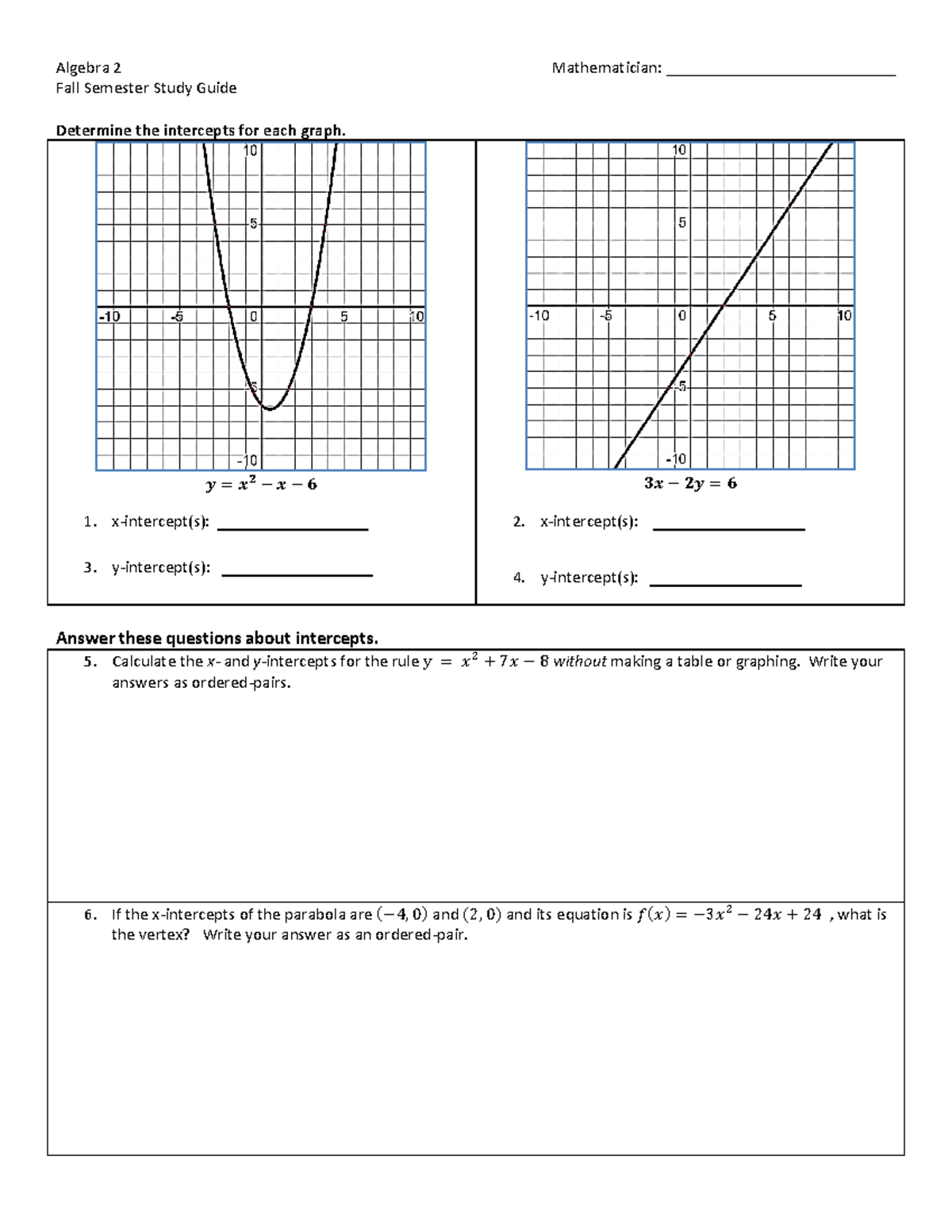 Algebra 2 Fall Semester Exam Study Guide: Intercepts & Equations - Studocu