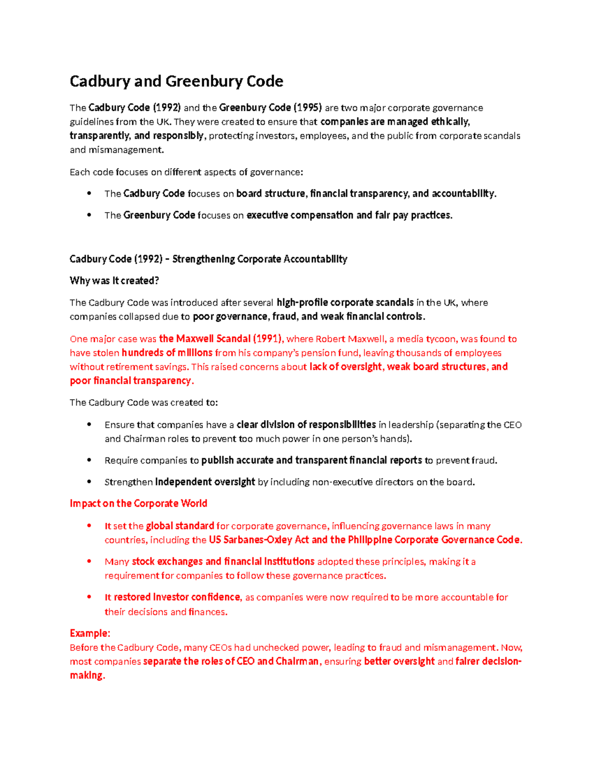 Key Principles of Corporate Governance - Cadbury and Greenbury Code The ...