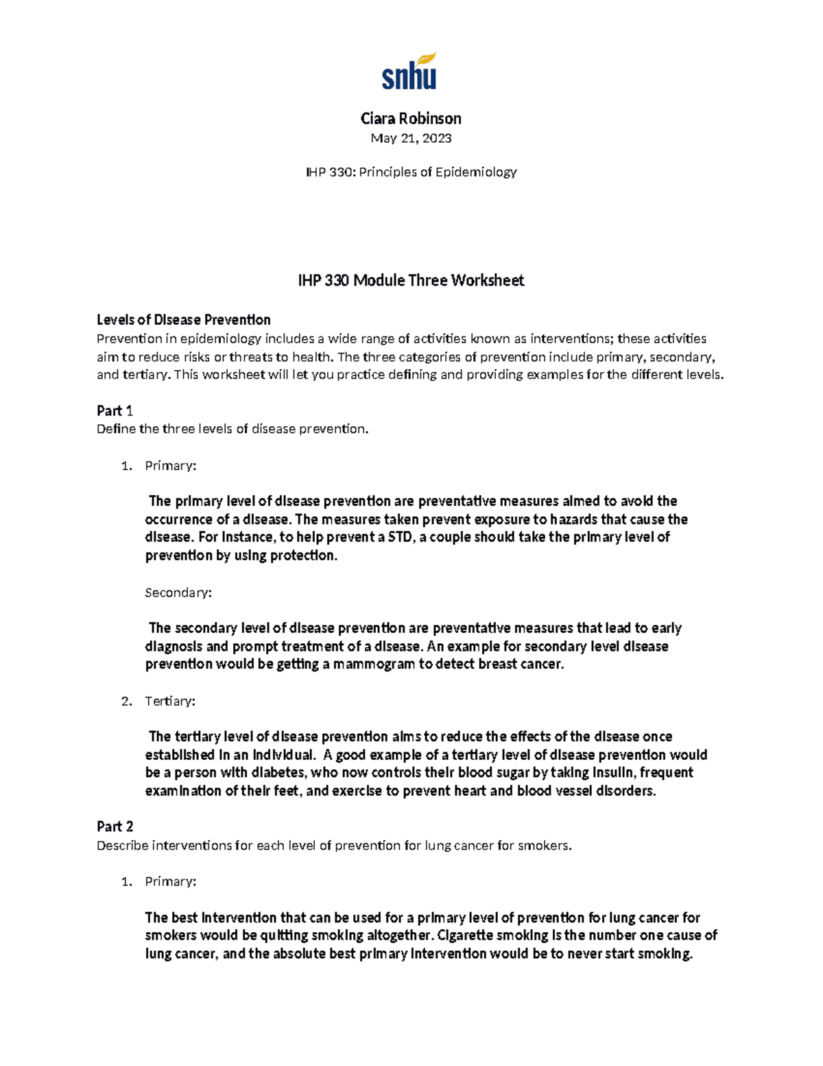 IHP 330 Module Three Worksheet 1 - Ciara Robinson May 21, 2023 IHP 330 ...