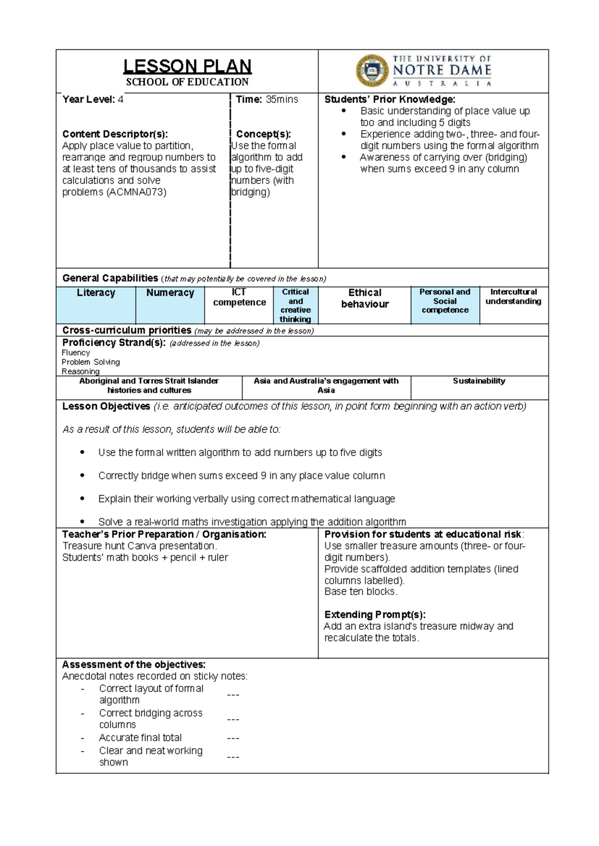 Maths Investigation Lesson Plan (Year 4) - Formal Algorithm & Bridging ...