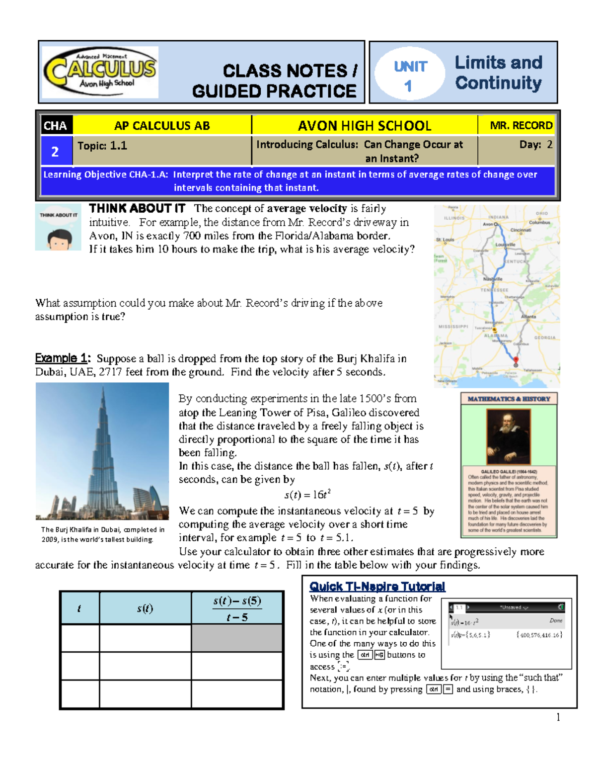 AP® CALCULUS AB: Unit 1 Guided Practice Class Notes and Examples - Studocu