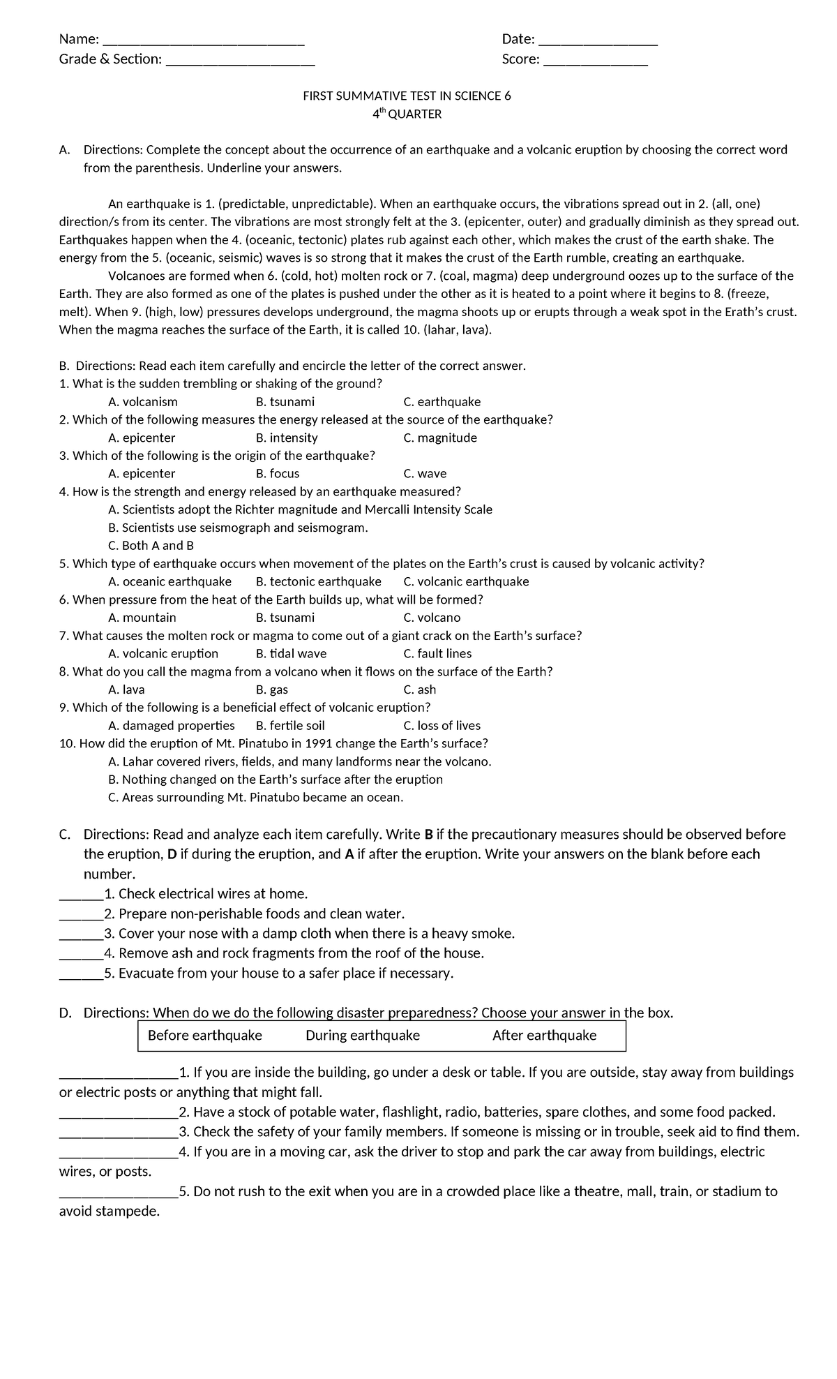 First Summative Test in Science 6 - 4th Quarter Assessment - Studocu