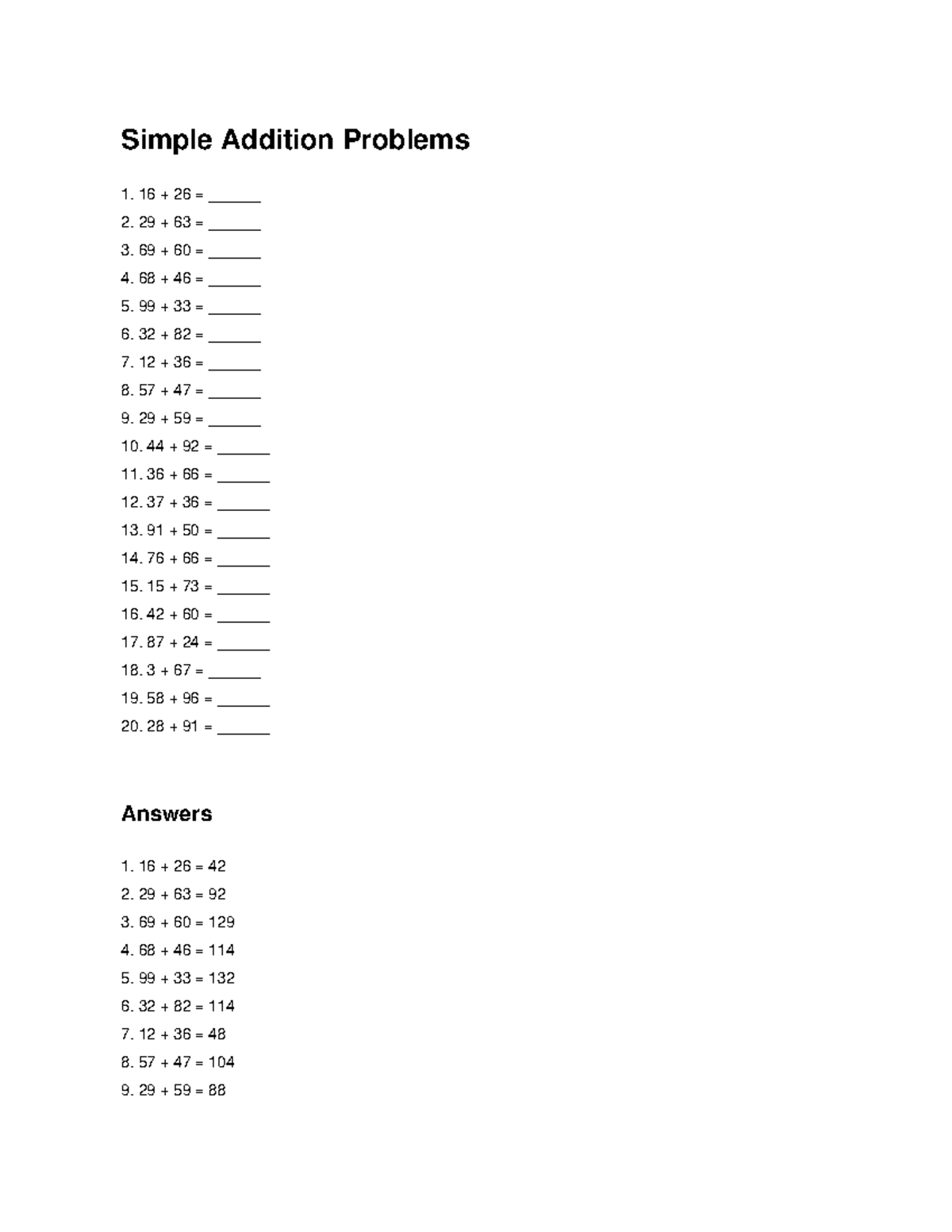 Addition Problems Set 3: Simple Addition Exercises - Studocu