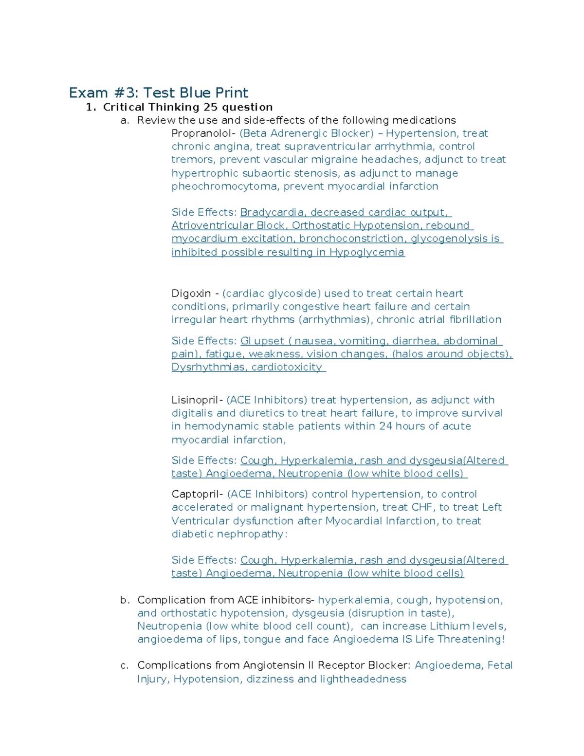 Study Guide Exam 3 - Exam #3: Test Blue Print 1. Critical Thinking 25 ...