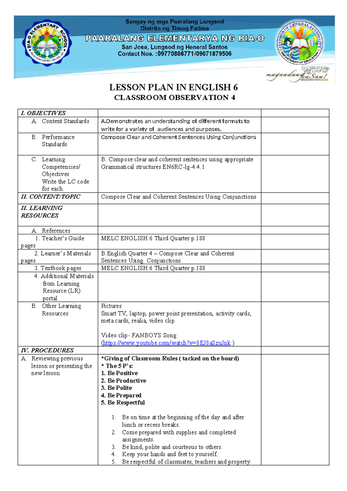 COT4 EN6 Lesson Plan: Compose Clear & Coherent Sentences Using ...