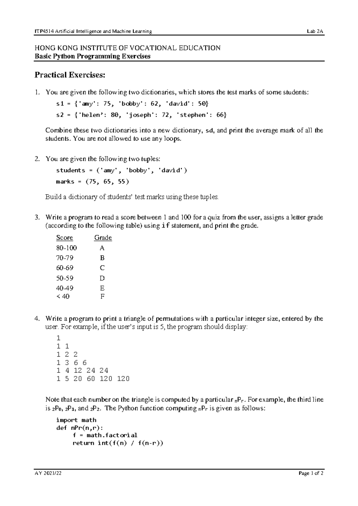ITP4514 Basic Python Programming Exercises for AI & ML Lab 2A - Studocu