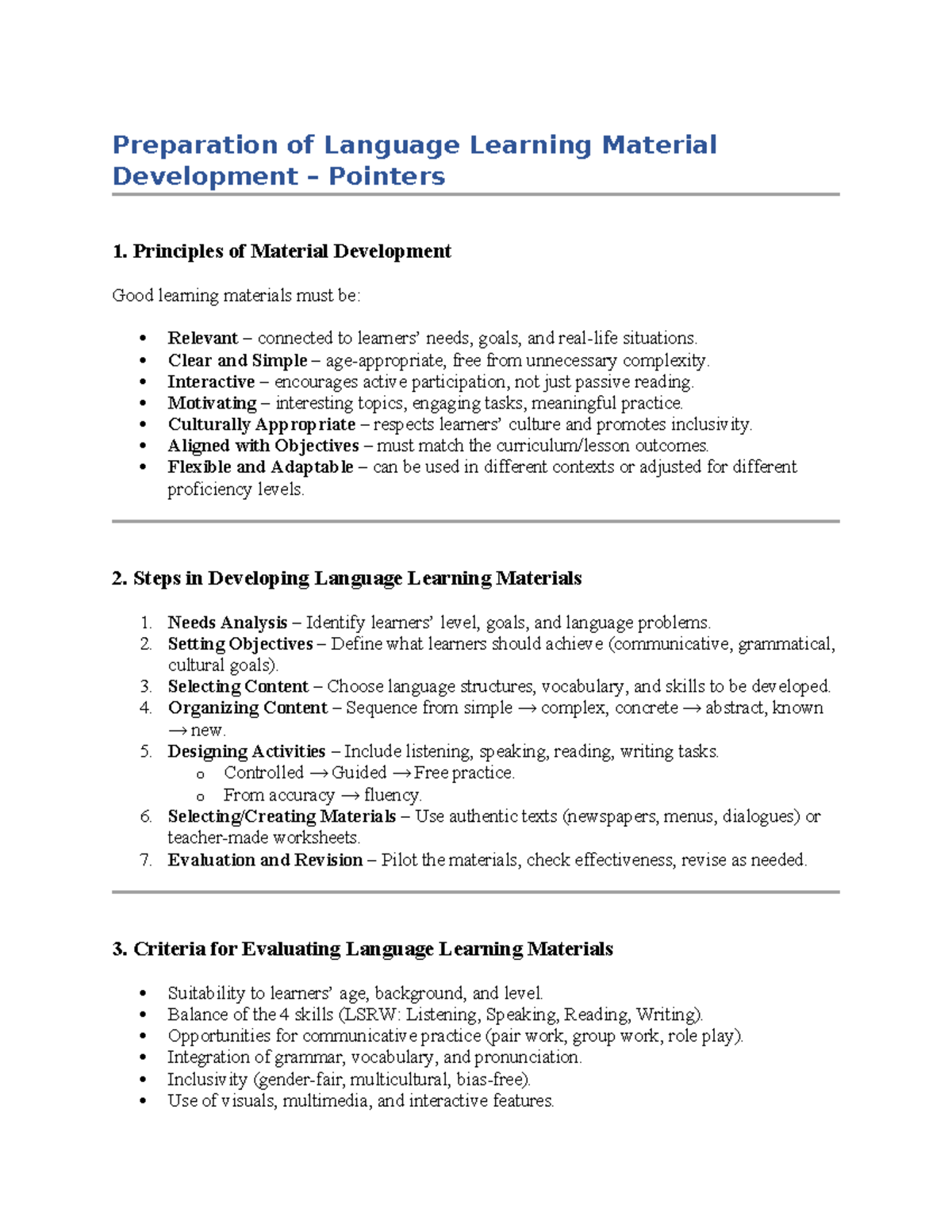 Language Learning Material Development Guidelines and Principles - Studocu