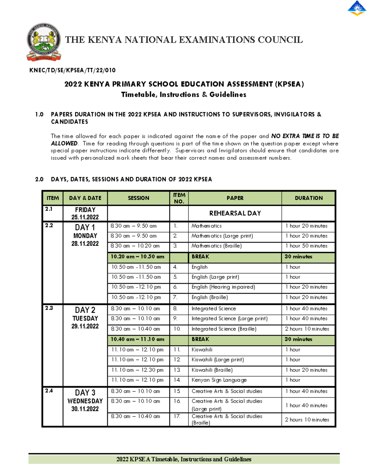 2022 KPSEA Timetable & Guidelines for Supervisors and Candidates - Studocu