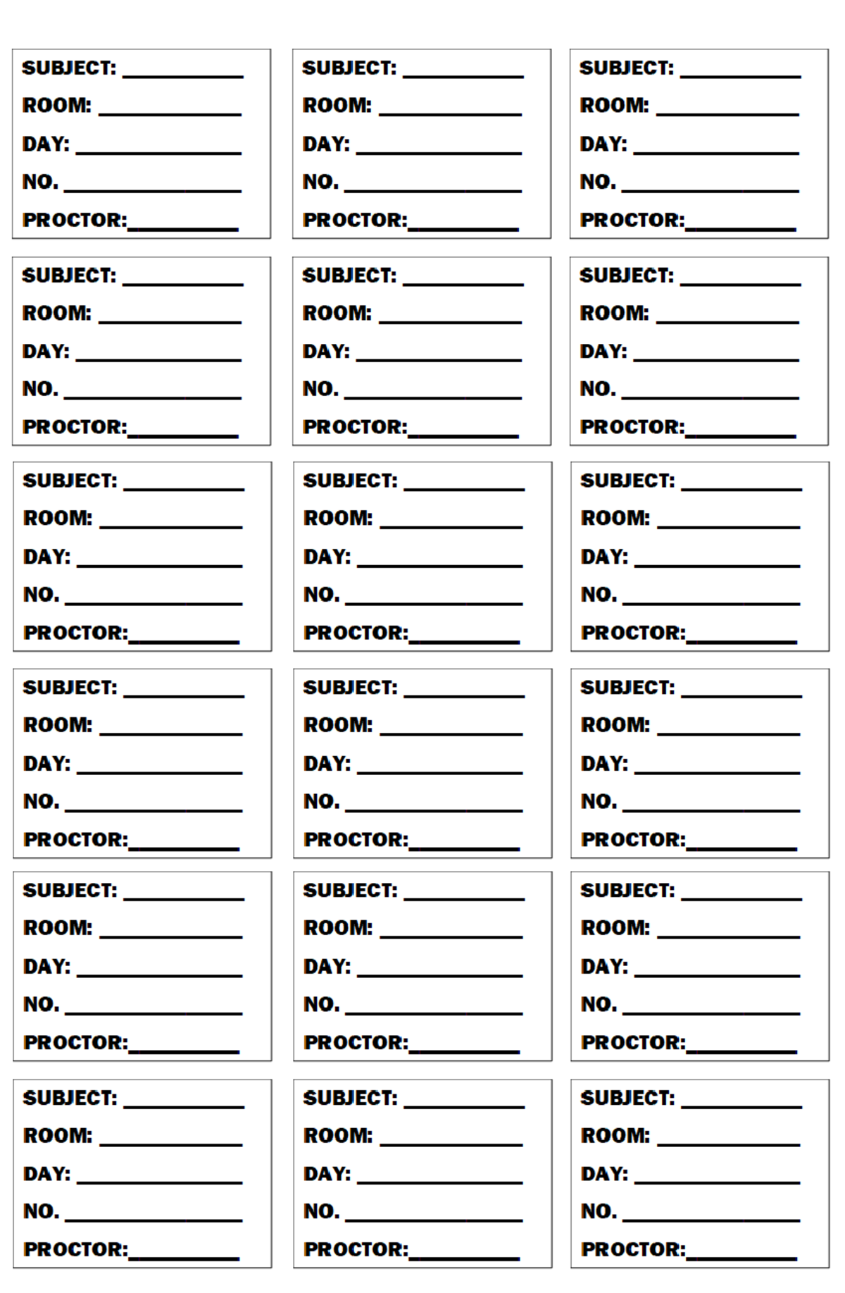 Subject Label for Exam - SUBJECT: SUBJECT: SUBJECT: ROOM: ROOM: ROOM ...