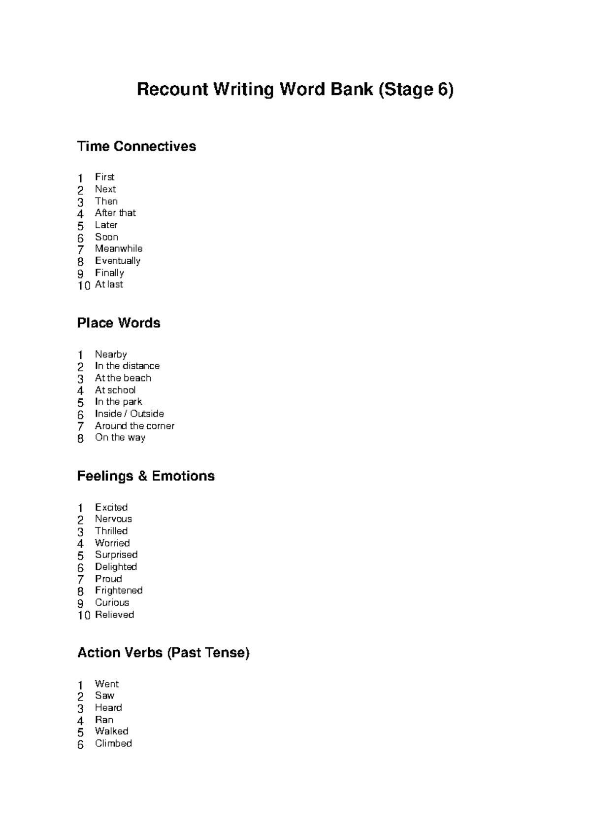 Recount Writing Word Bank (Stage 6) - Time Connectives & Emotions - Studocu