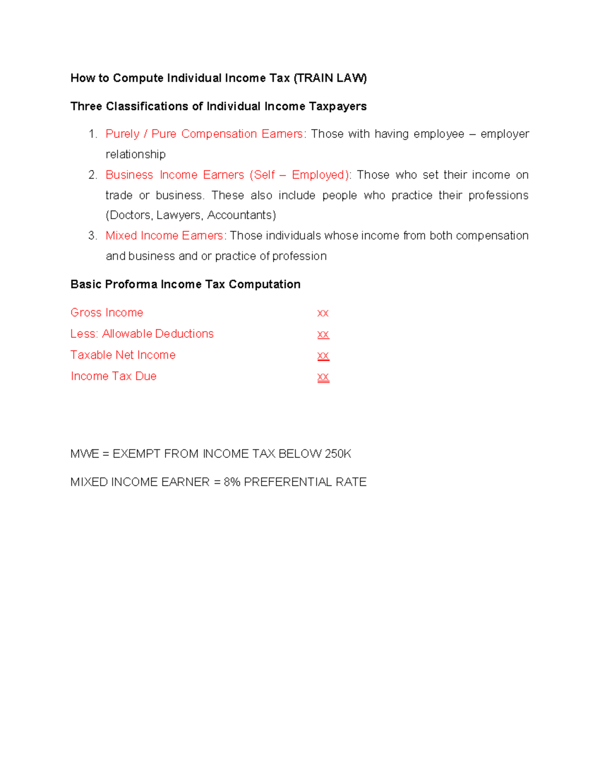 Sample Taxation on Individuals (TRAIN LAW) - Income Tax Computation ...