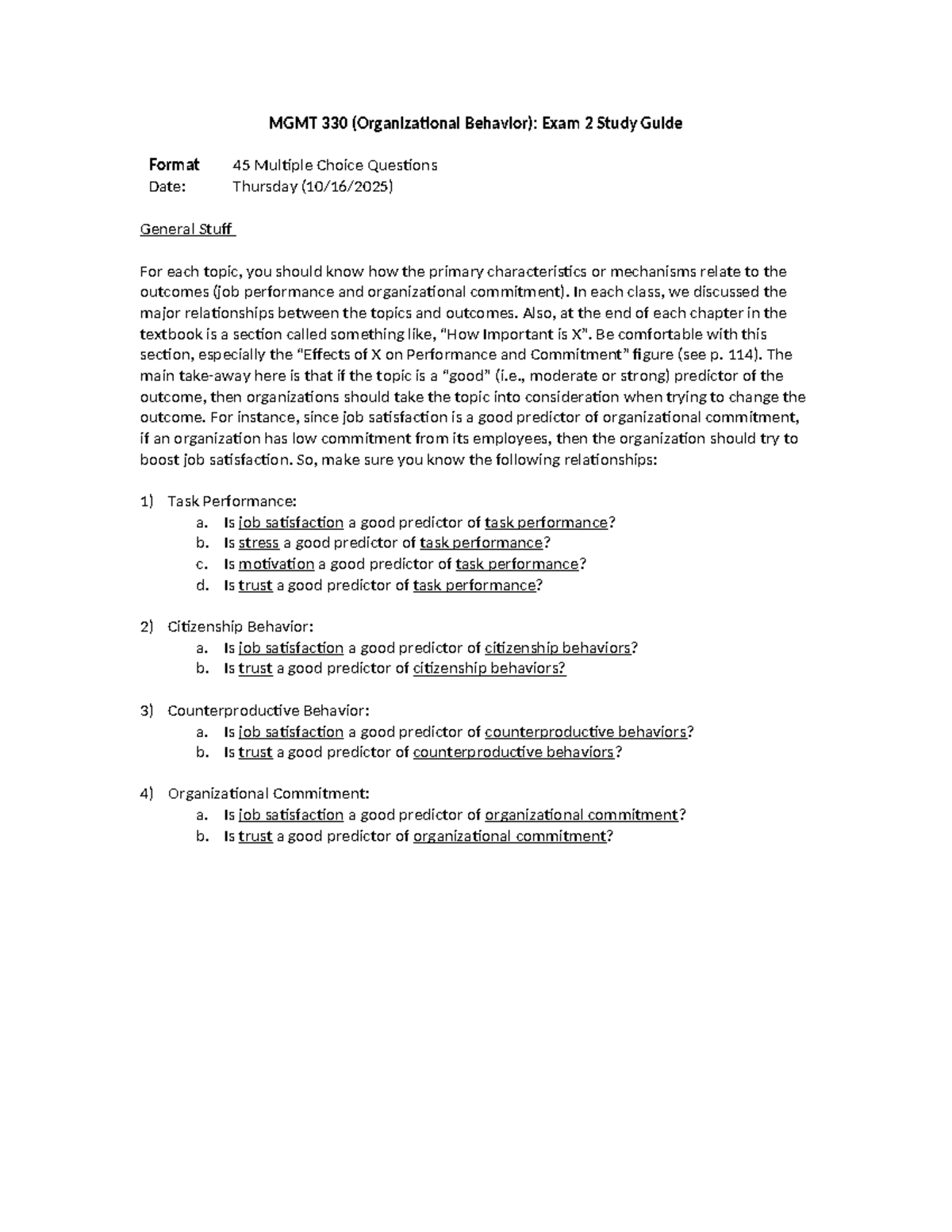 MGMT 330 Exam 2 Study Guide: Key Relationships in Org Behavior - Studocu
