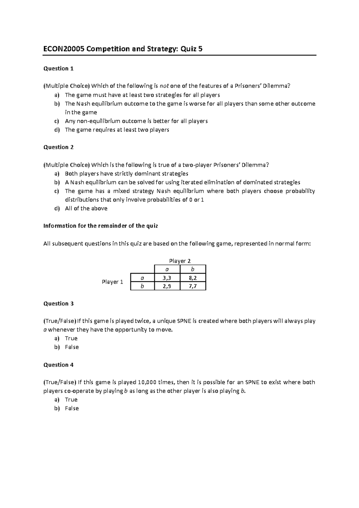 ECON2000 5 Quiz5 - after-class quiz 5 - ECON20005 Competition and ...