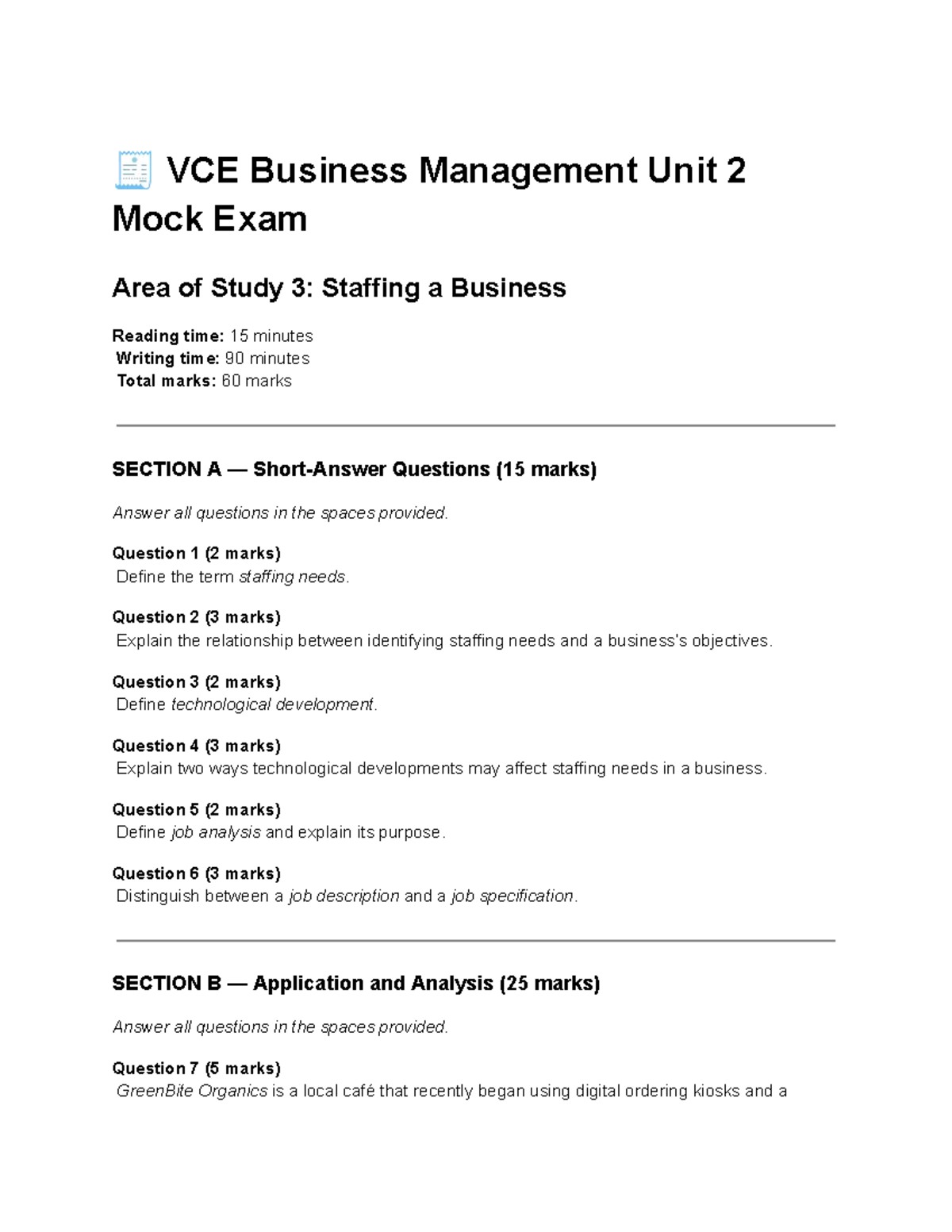 VCE Business Management Unit 2 Mock Exam: Staffing a Business - Studocu