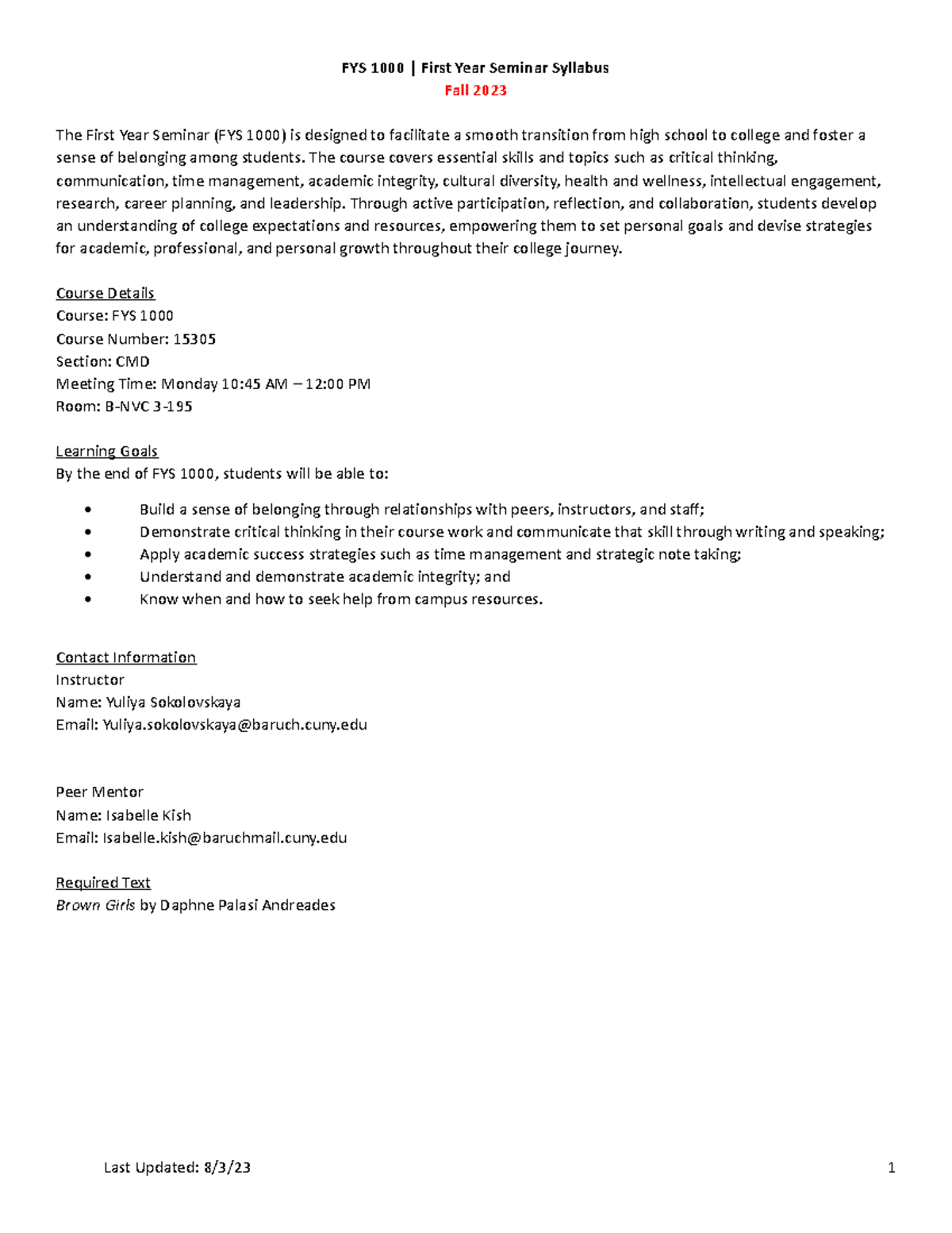 FYS 1000 CMD Syllabus Overview for Fall 2023 Semester - Studocu