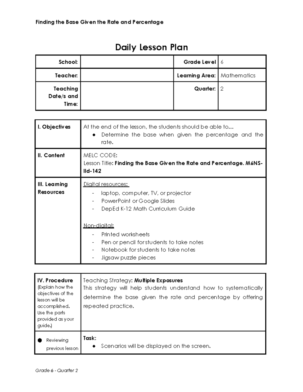 M6Q2L11 Daily Lesson Plan: Finding Base from Rate & Percentage - Studocu
