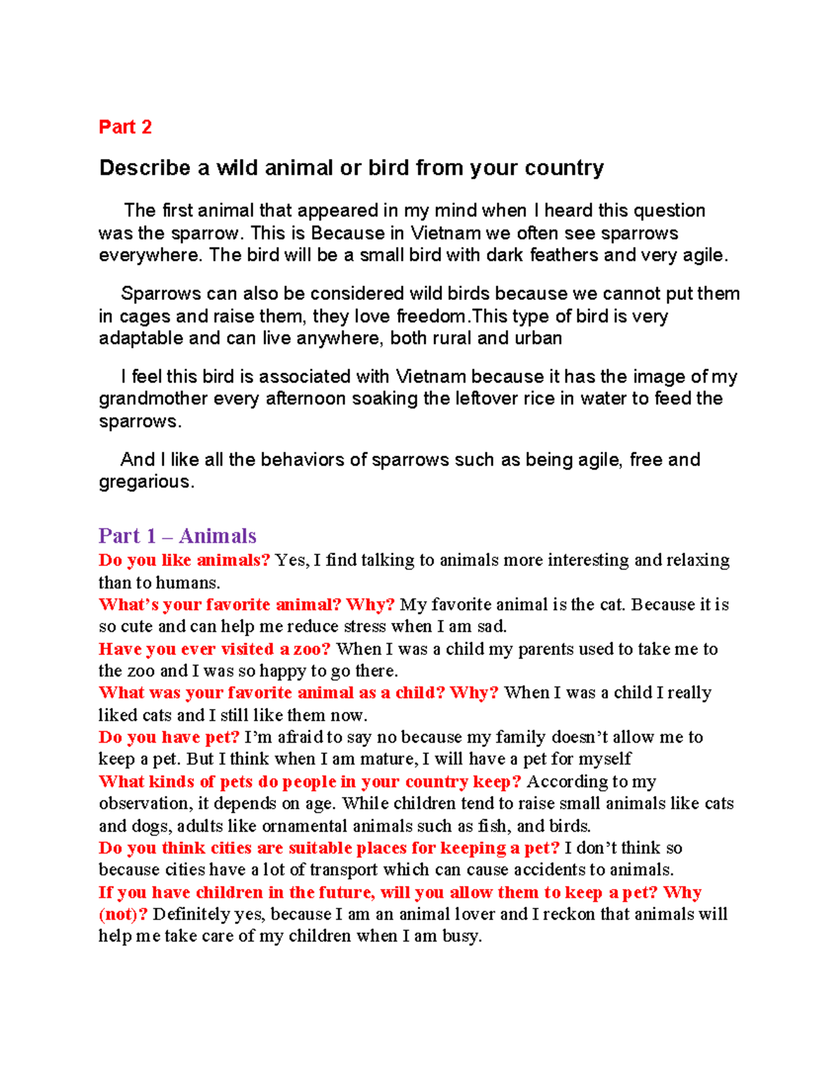 Part 2 - hehehjdsgkjvhrslgjb;vldkgwx - Part 2 Describe a wild animal or ...