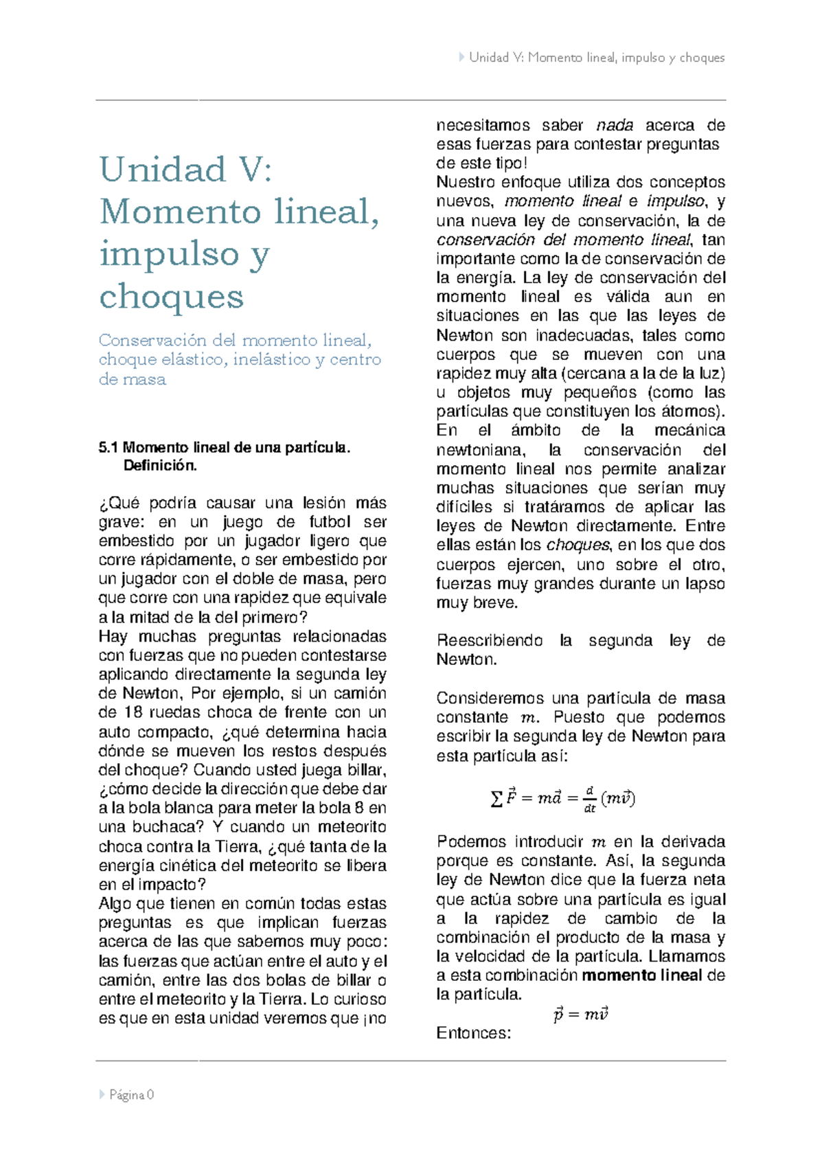 Unidad V: Momento Lineal, Impulso y Choques - Resumen y Ejemplos - Studocu