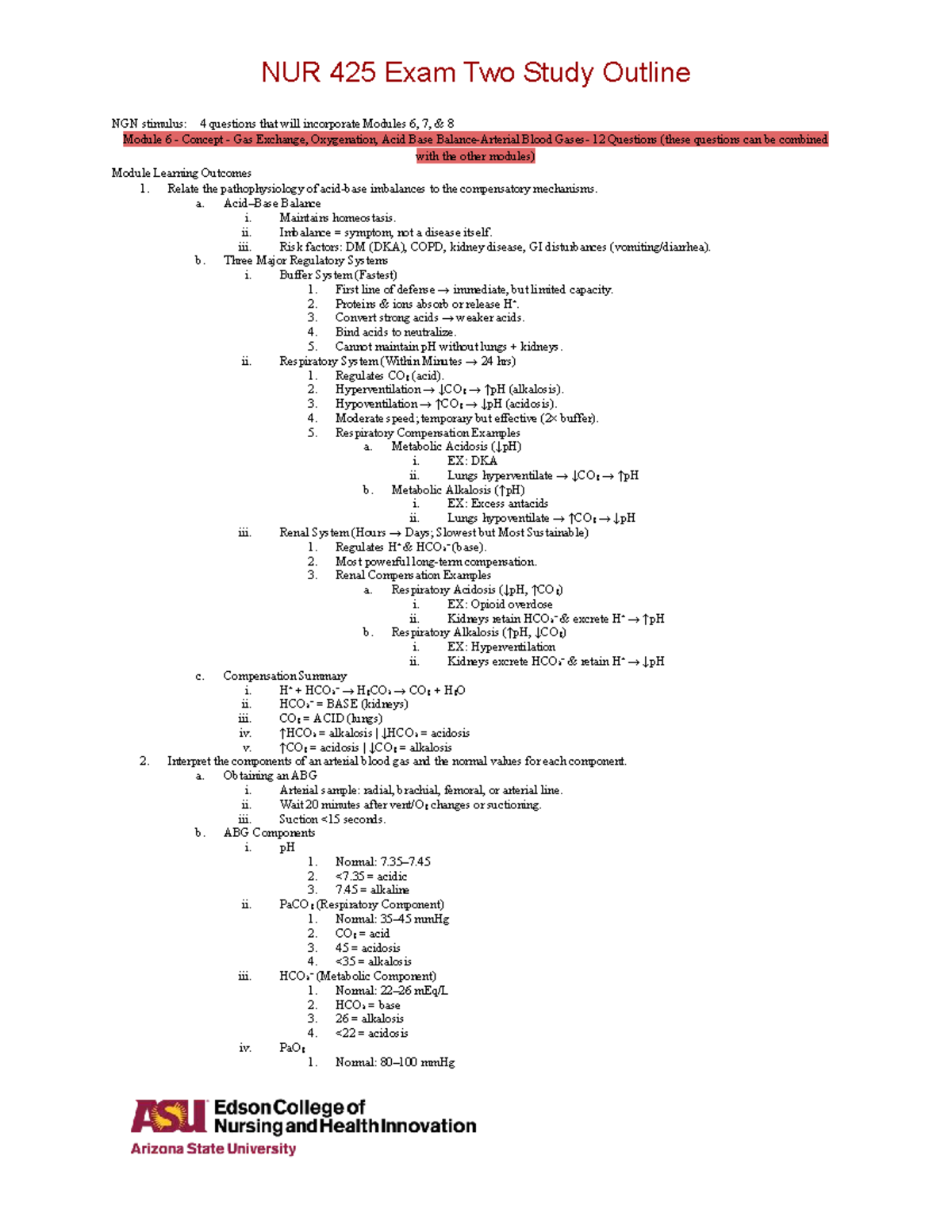 NUR 425 Exam Two Comprehensive Study Outline on Gas Exchange and ...