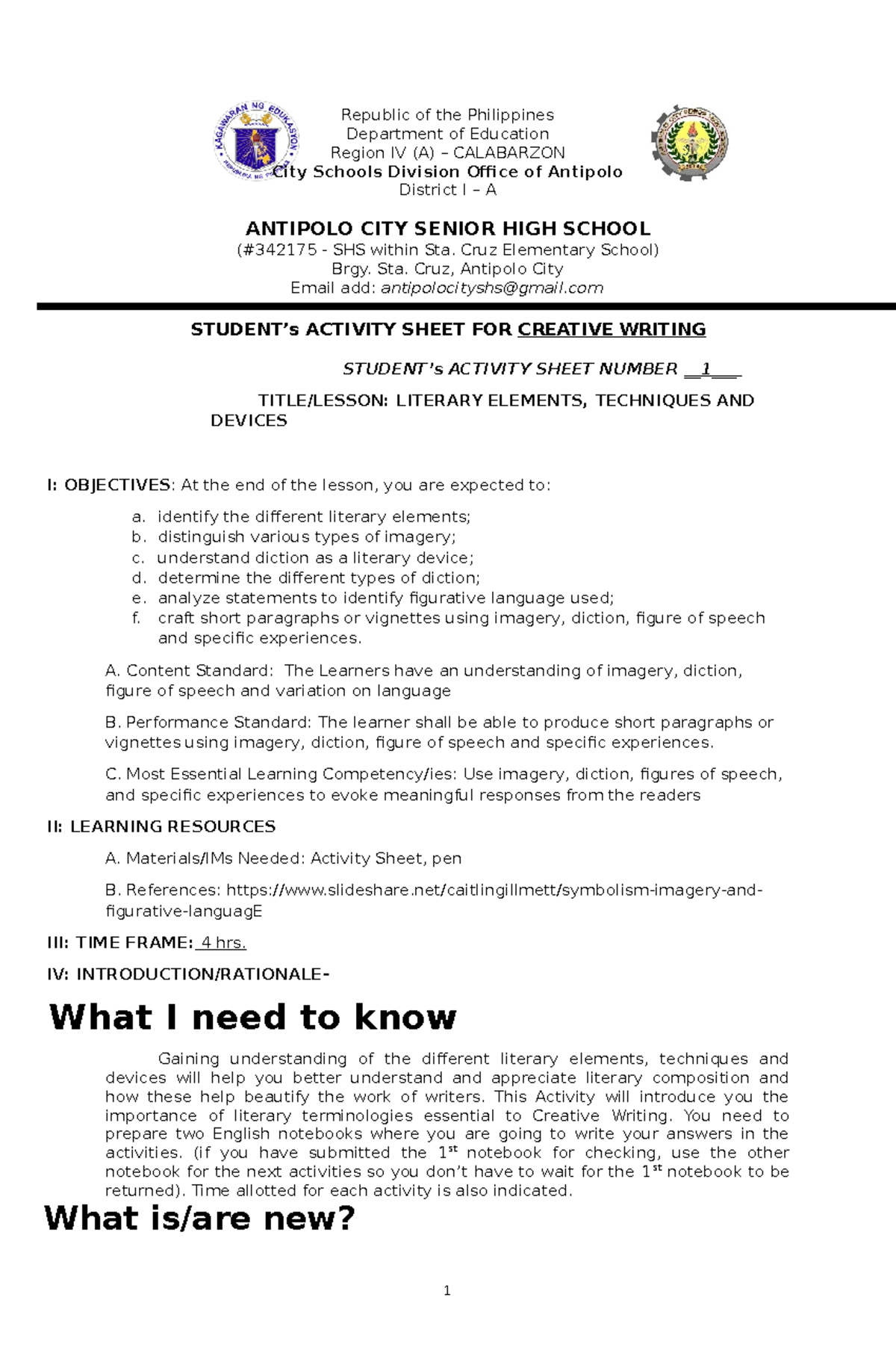Creative Writing Activity Sheet MELC 1: Literary Elements & Techniques ...