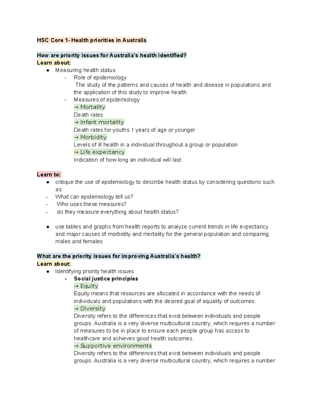 Year 12 PE HSC Core 1- Health Priorities in Australia Study Notes - Studocu