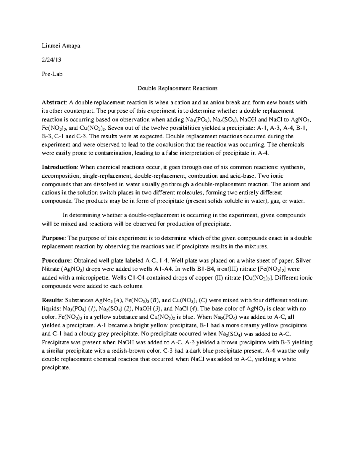 Double Replacement - lab report - Linmei Amaya 2/24/ Pre-Lab Double ...